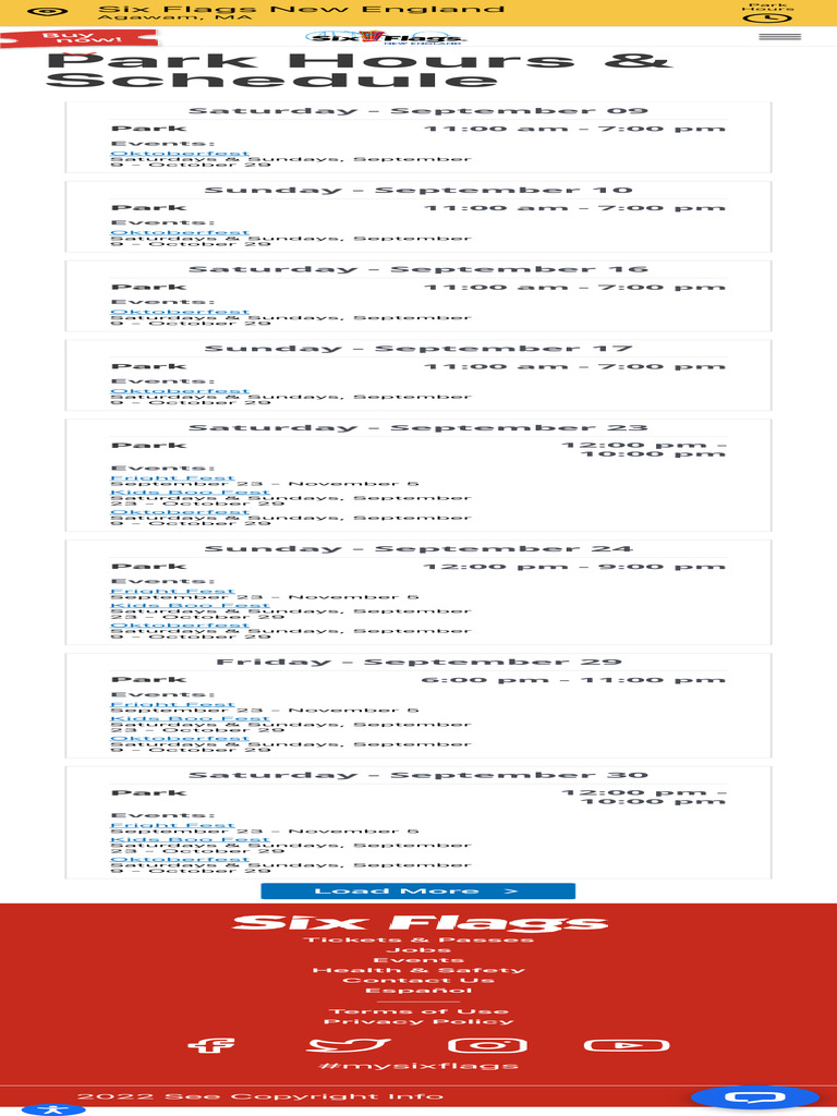 Six Flags Hours & Event Schedule New England in Springfield, MA | PDF ...
