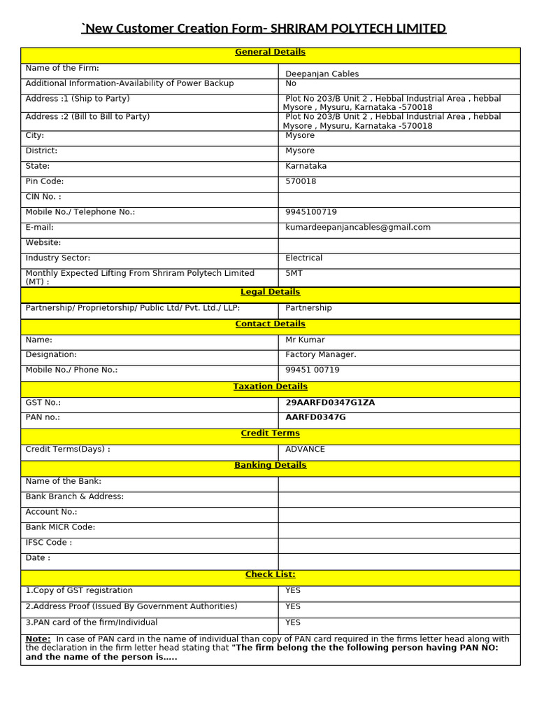 CUSTOMER CREATION FORM _DEEPANJAN CABLES | PDF | Payments