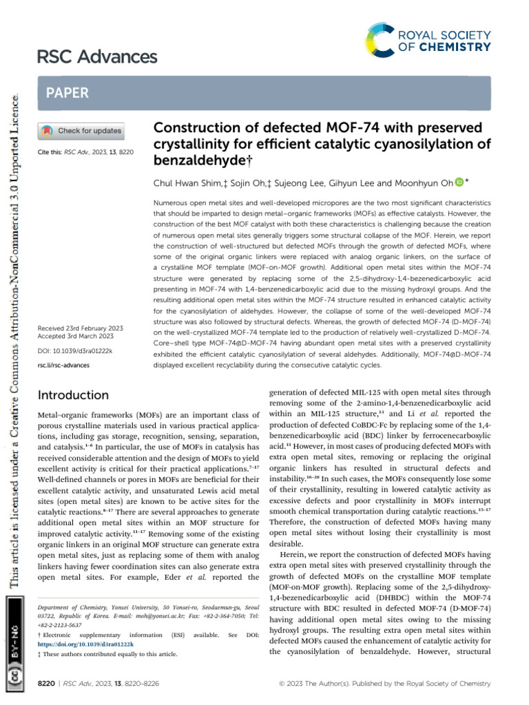 Shim Et Al. (2023) - Construction of Defected MOF-74 | PDF | Physical ...