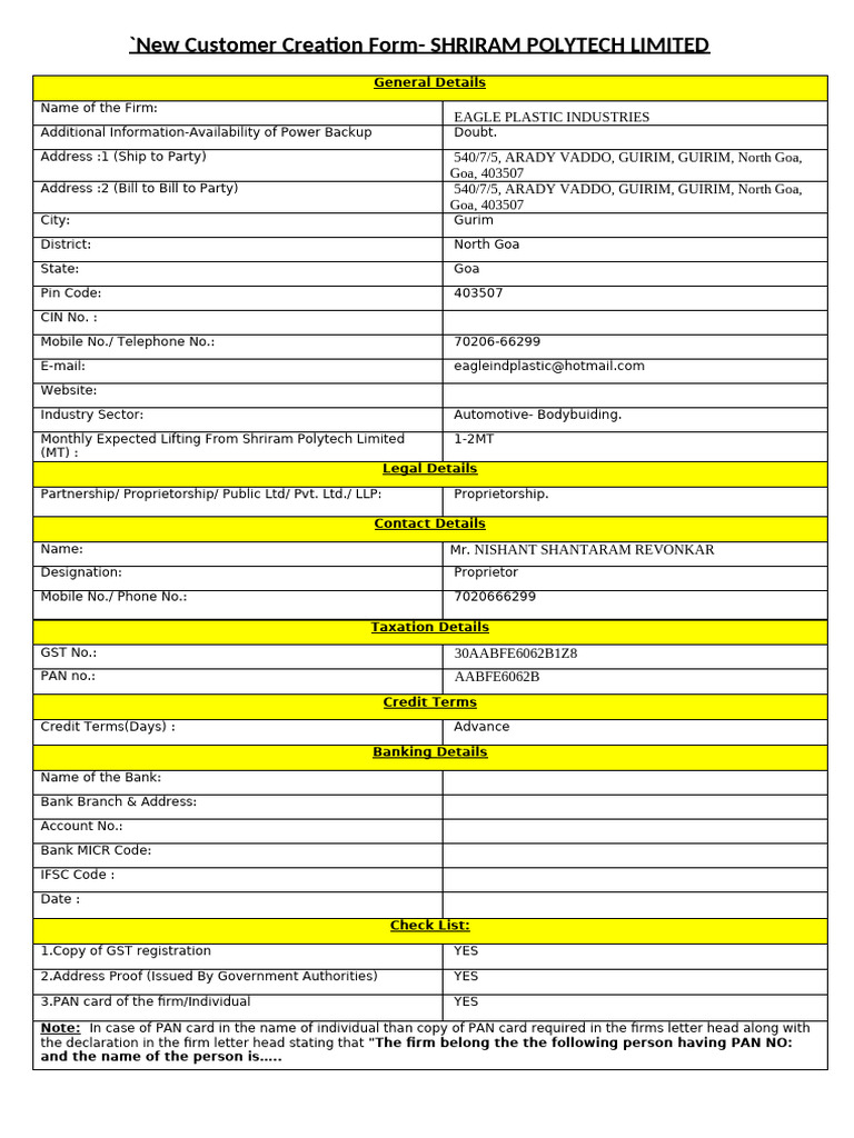 CUSTOMER CREATION FORM - Eagle Industries. | PDF | Payments | Access ...