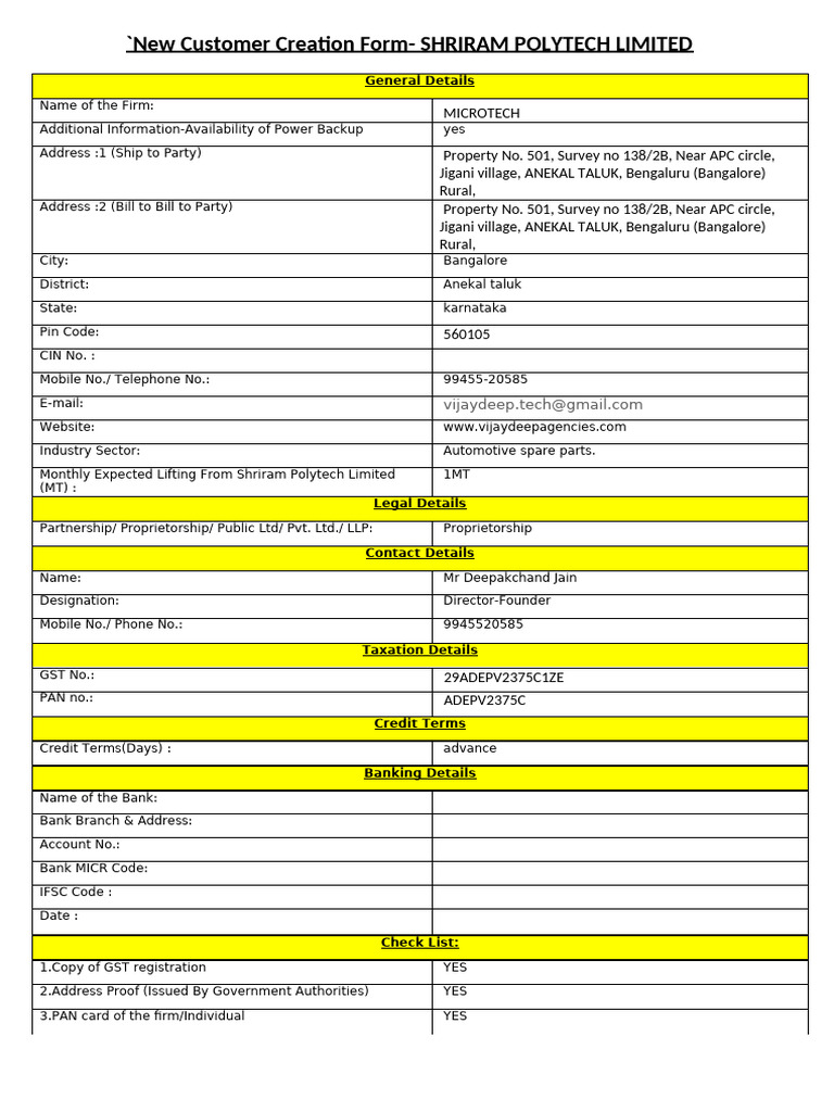 CUSTOMER CREATION FORM_Microtech | PDF | Access Control | Payments