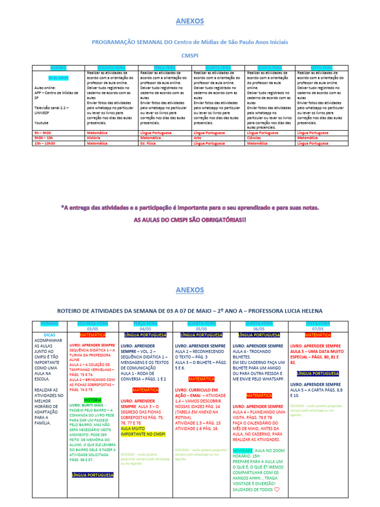 Programação Semanal CMSP Anos Iniciais | PDF
