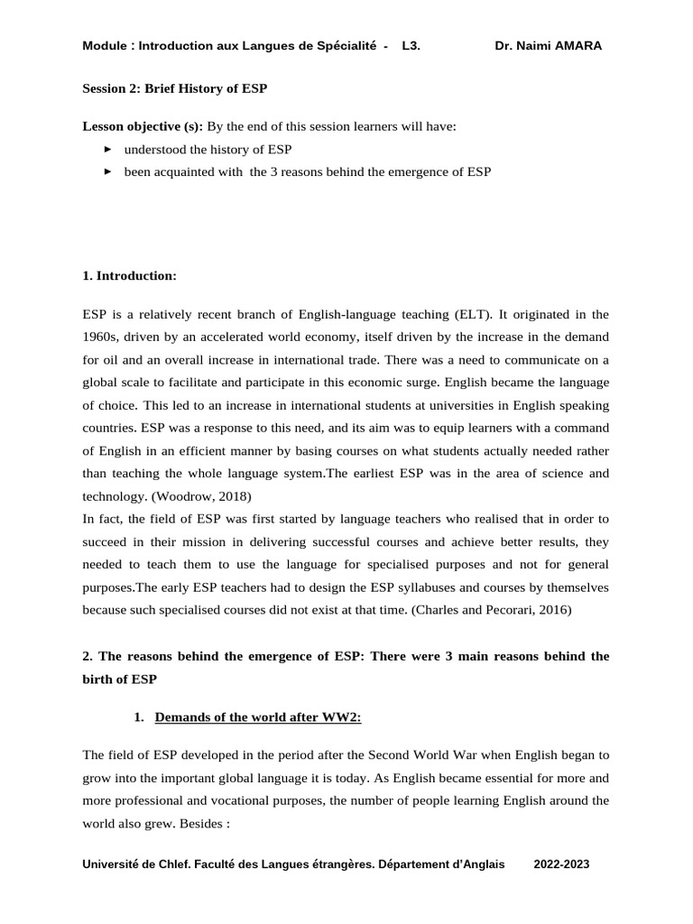 Session2 Brief History of ESP | PDF | Educational Psychology | English Language