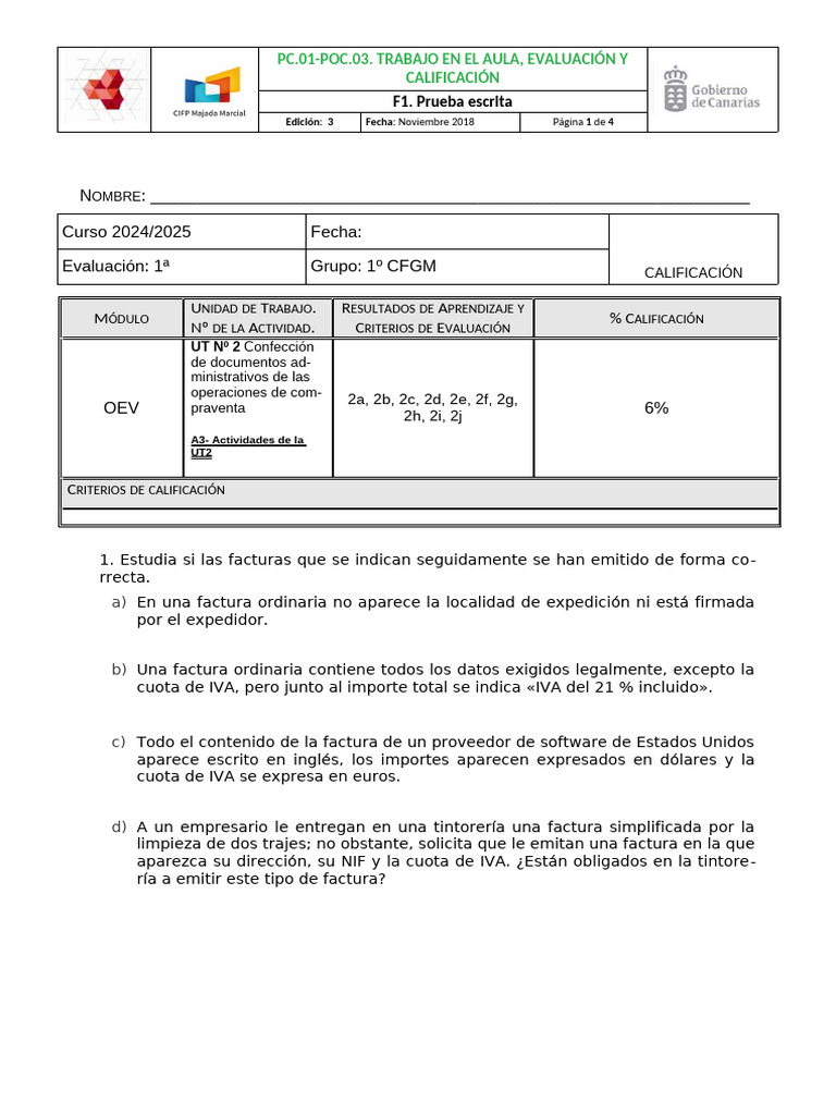 Actividad Evaluable (15) Ut2 Alumnos | PDF | Factura | Documentos empresariales
