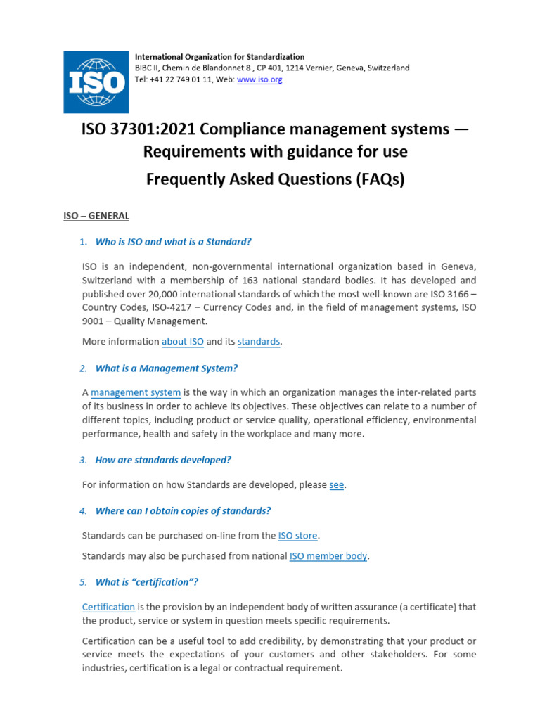 ISO 37301 FAQs, May 2022 | PDF | Regulatory Compliance | Certification