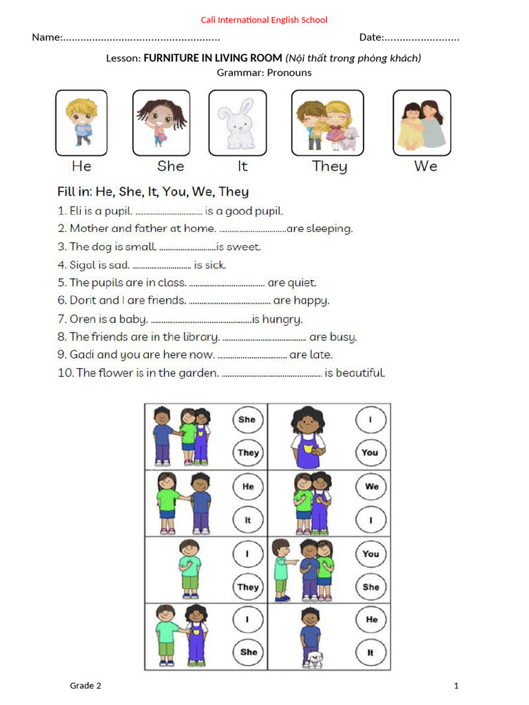 Pronouns and Living Room Items Worksheet - Grade 2 | PDF | Language ...