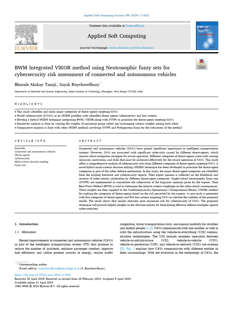 BWM Integrated VIKOR Method Using Neutrosophic Fuzzy Sets Fo - 2024 - Applied So | PDF ...