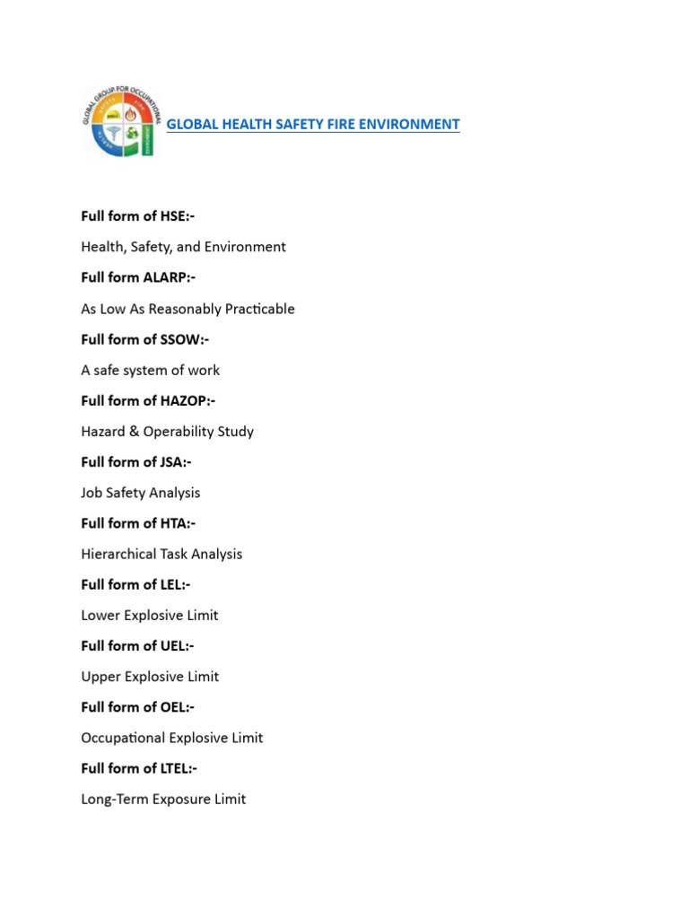 Important Full Forms Safety HSE Field | PDF | Occupational Safety And ...