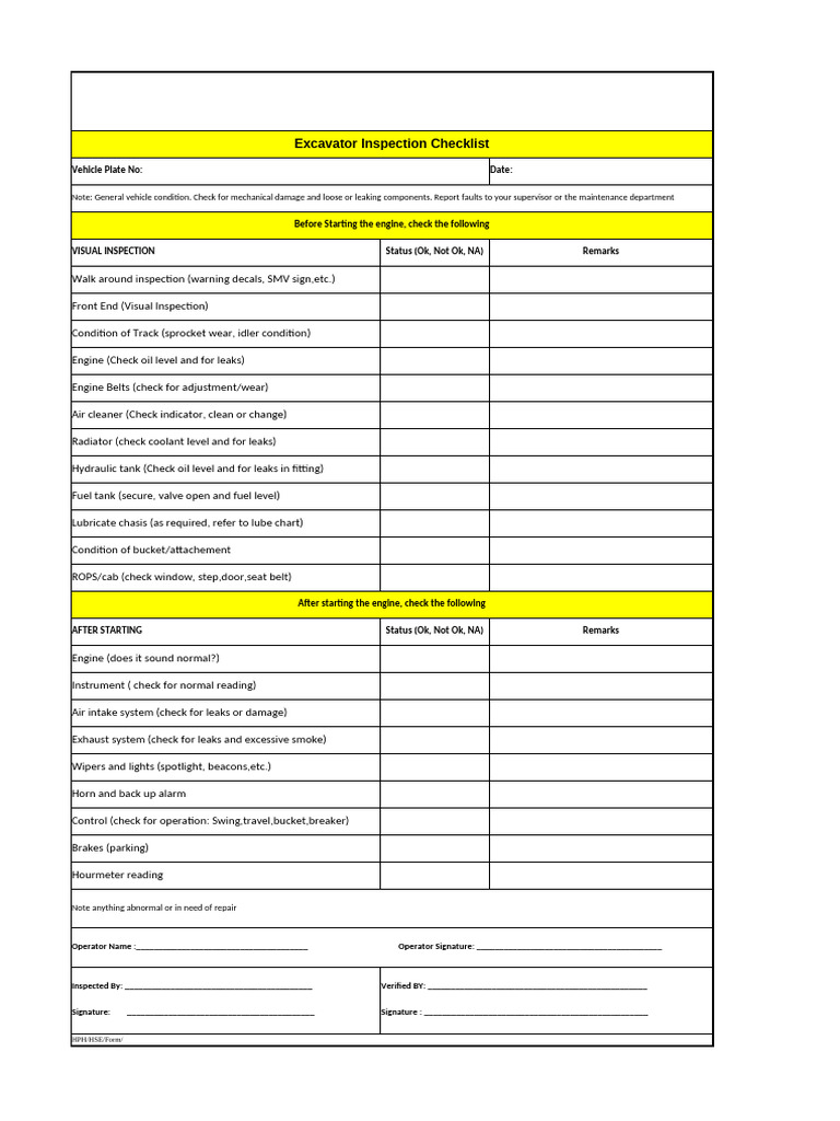 Excavator Inspection Checklist Guide | PDF