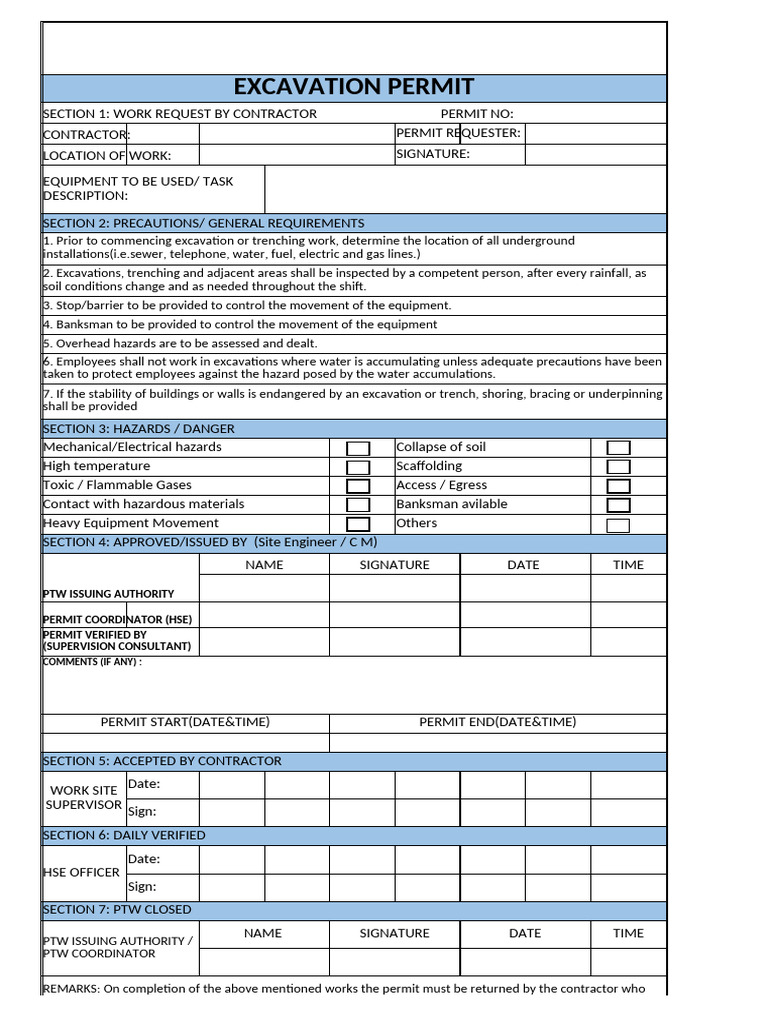 011a-Excavation Permit Form | PDF | Occupational Safety And Health | Safety