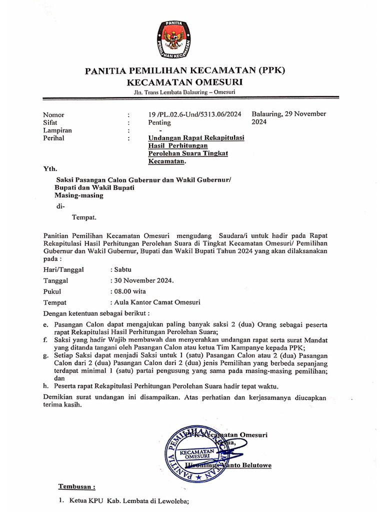 Undangan Pleno PPK - Saksi Paslon | PDF