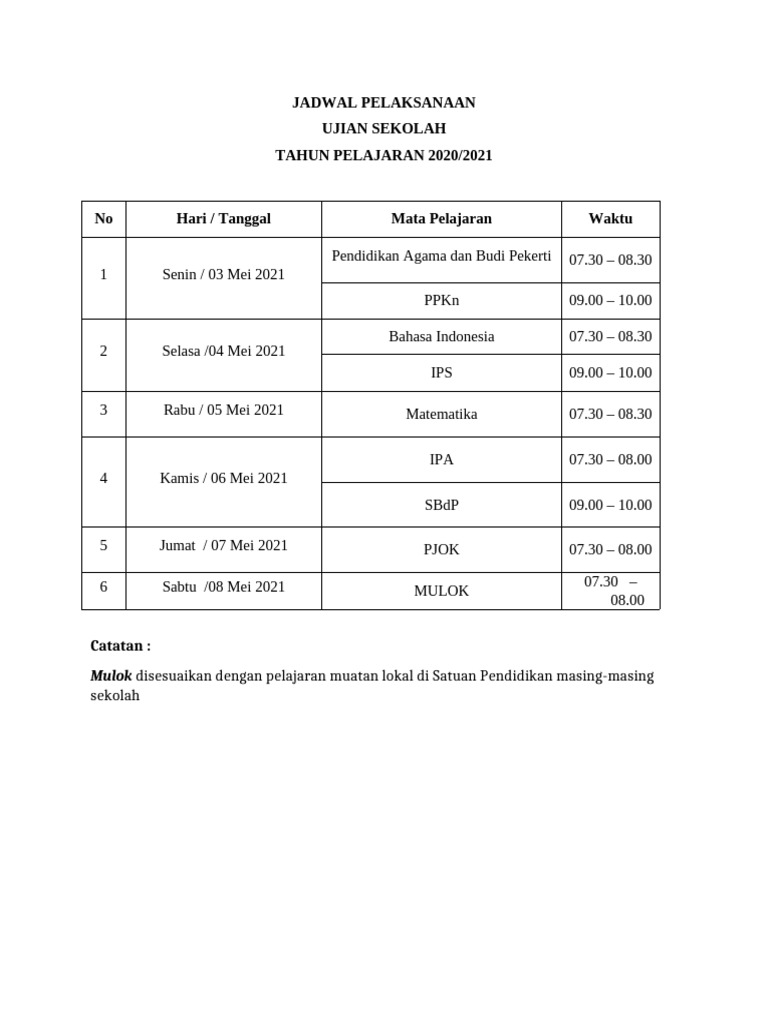 Jadwal Pelaksanaan Us 2022 | PDF
