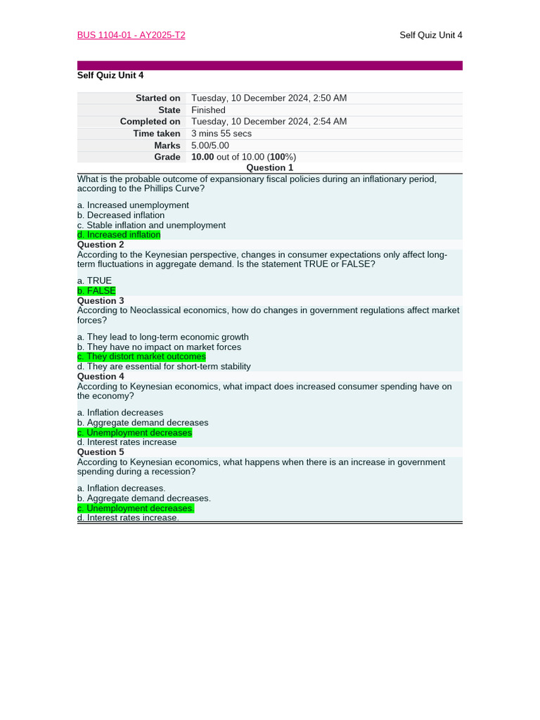 Macroeconomics Self Quiz Unit 4 | PDF | Inflation | Economics