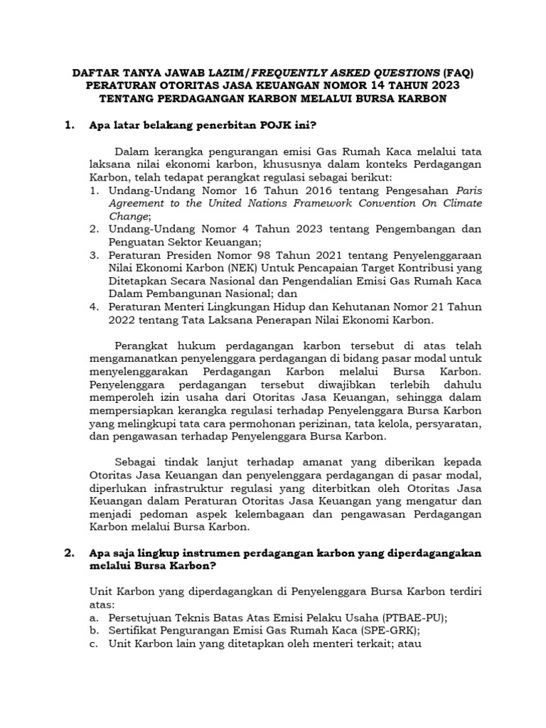 FAQ POJK 14 Tahun 2023 | PDF