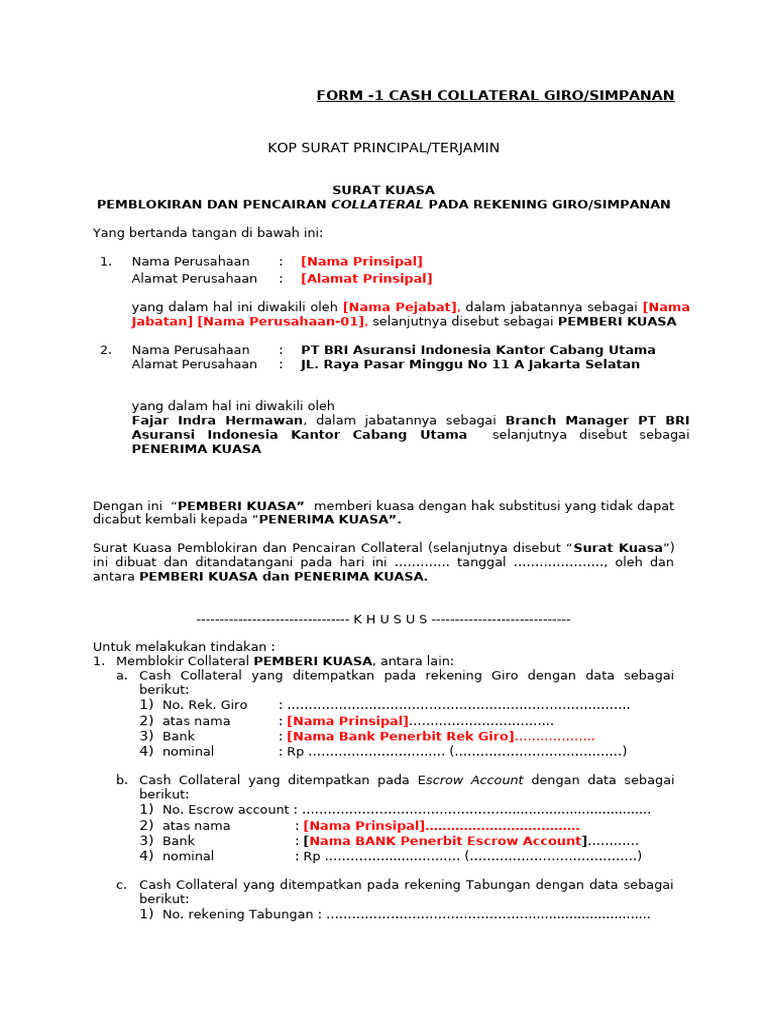 Surat Kuasa Pemblokiran Collateral | PDF