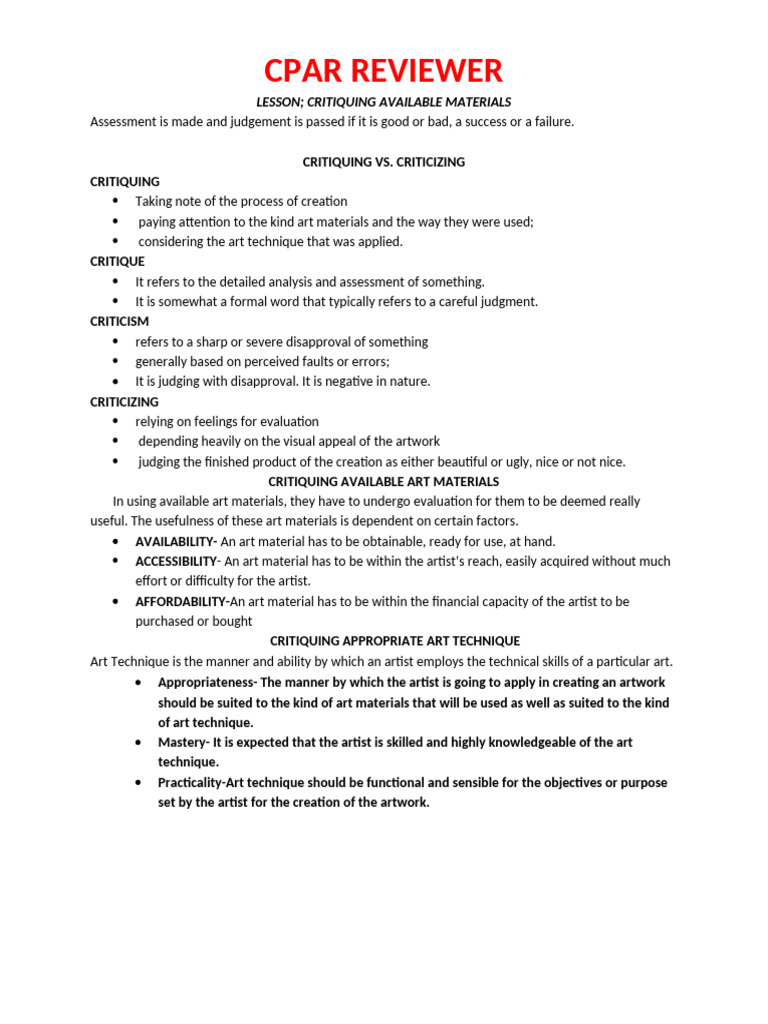 CPAR REVIEWER | PDF | The Arts