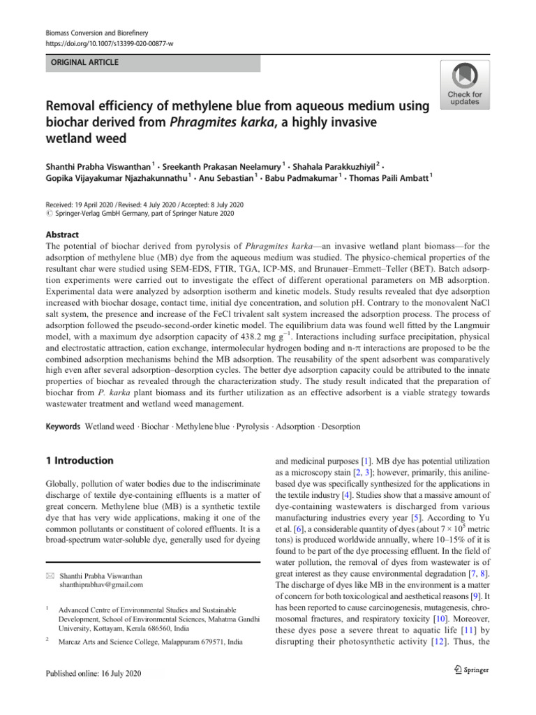 Removal Efficiency of Methylene Blue Fro | PDF | Adsorption | Pyrolysis