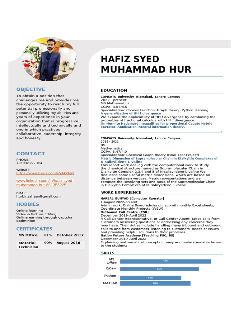 Hafiz Syed Muhammad Hur Cv | PDF | Call Centre | Mathematics