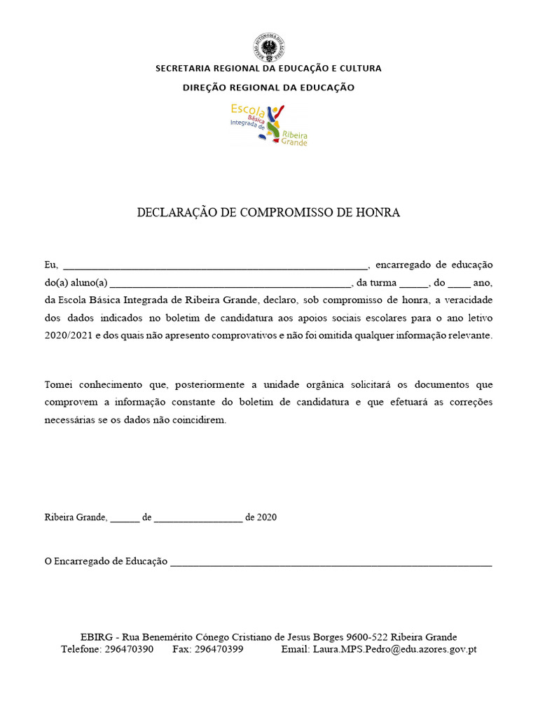 Declaração de Compromisso Escolar 2020 | PDF
