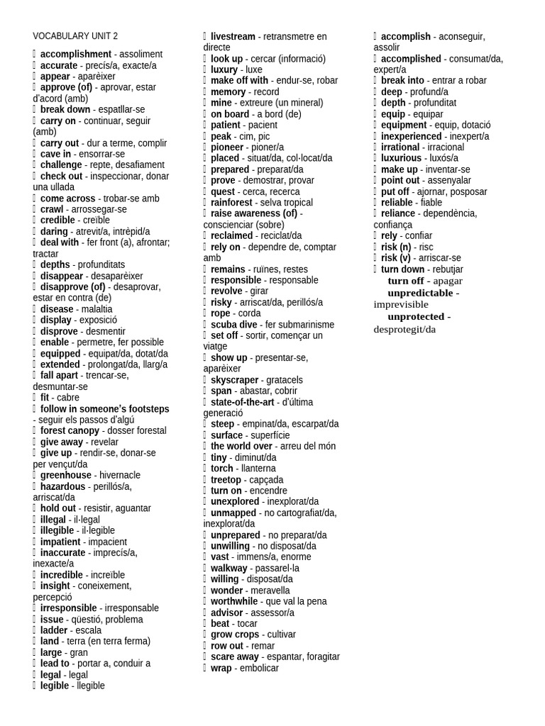 Vocabulary Unit 2 | PDF