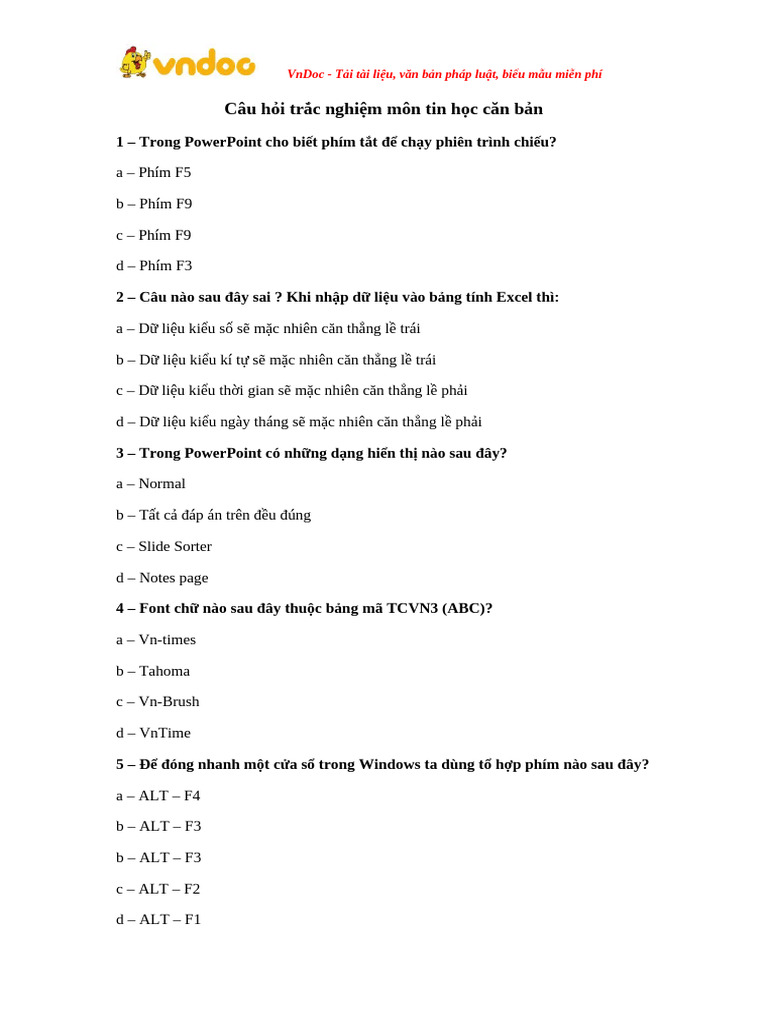 Cau Hoi Trac Nghiem Tin Hoc Can Ban | PDF