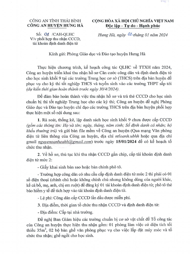01.CV Phoi Hop Thu Nhan CCCD | PDF