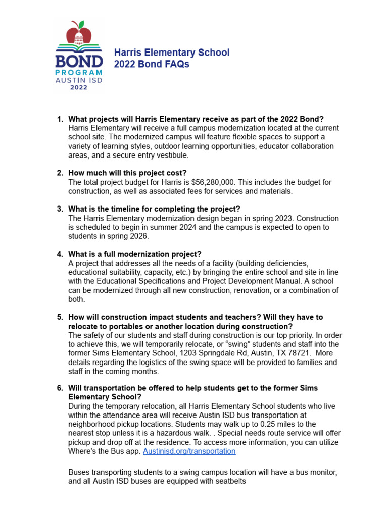Harris Elementary FAQs | PDF | Bus | Transport