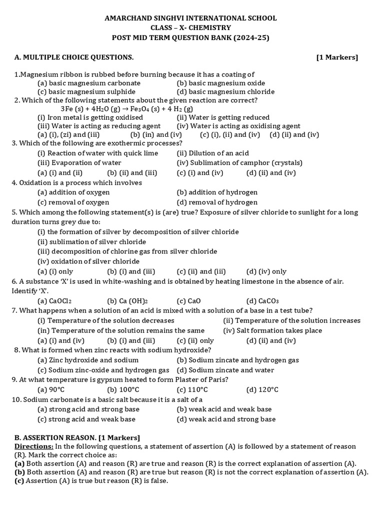 Class X-Post Mid Term QB - Chemistry (2024-25) | PDF | Chemical Reactions | Hydroxide