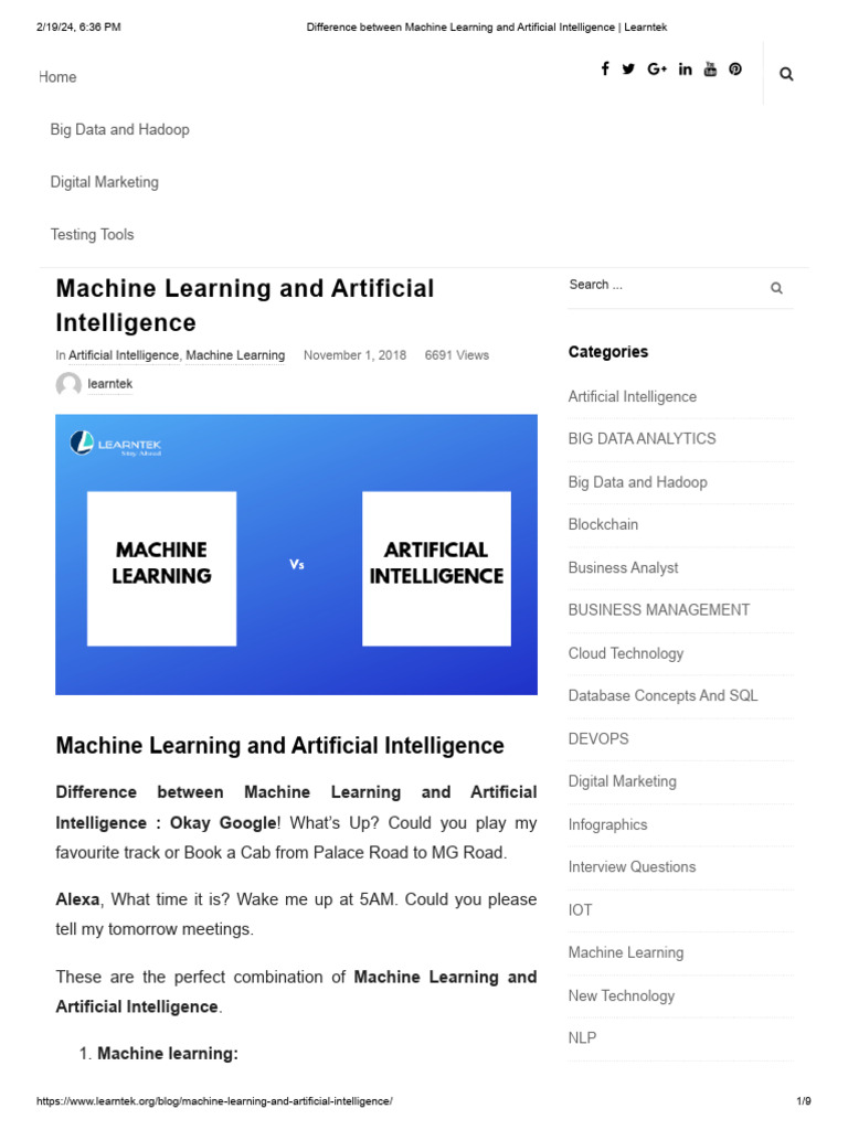 Difference Between Machine Learning and Artificial Intelligence - Learntek | PDF | Artificial ...