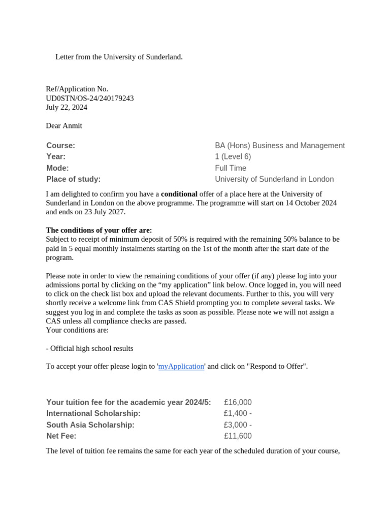 Letter From The University of Sunderland | PDF | Travel Visa | Fee