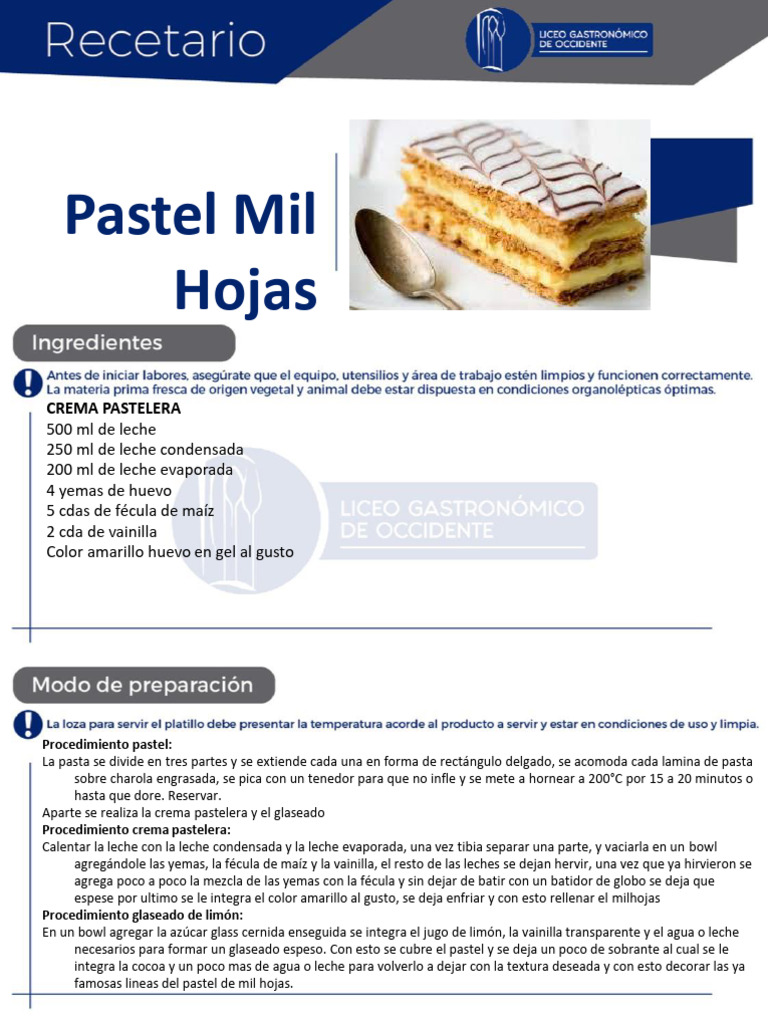 Receta Pastel Mil Hojas Clásico | PDF | Pasteles | Cocina occidental