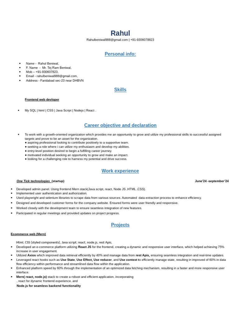 RAHUL BENIWAL'S resume | PDF | Java Script | Computing