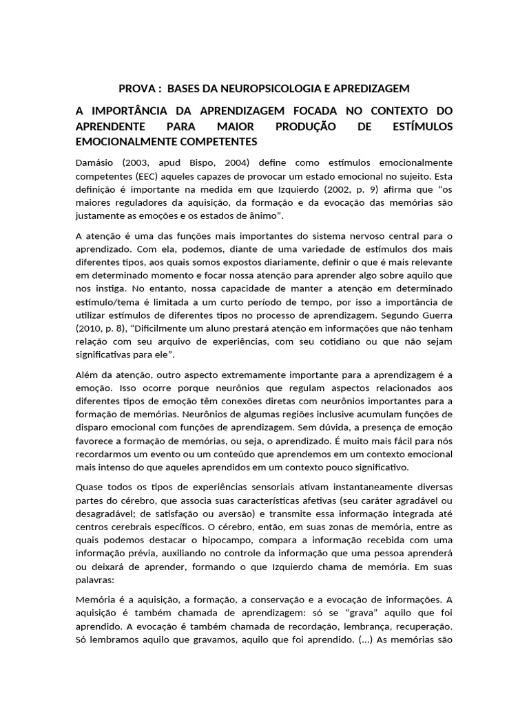 prova-neuropsicologia-1 (1) | PDF | Aprendizado | Memória