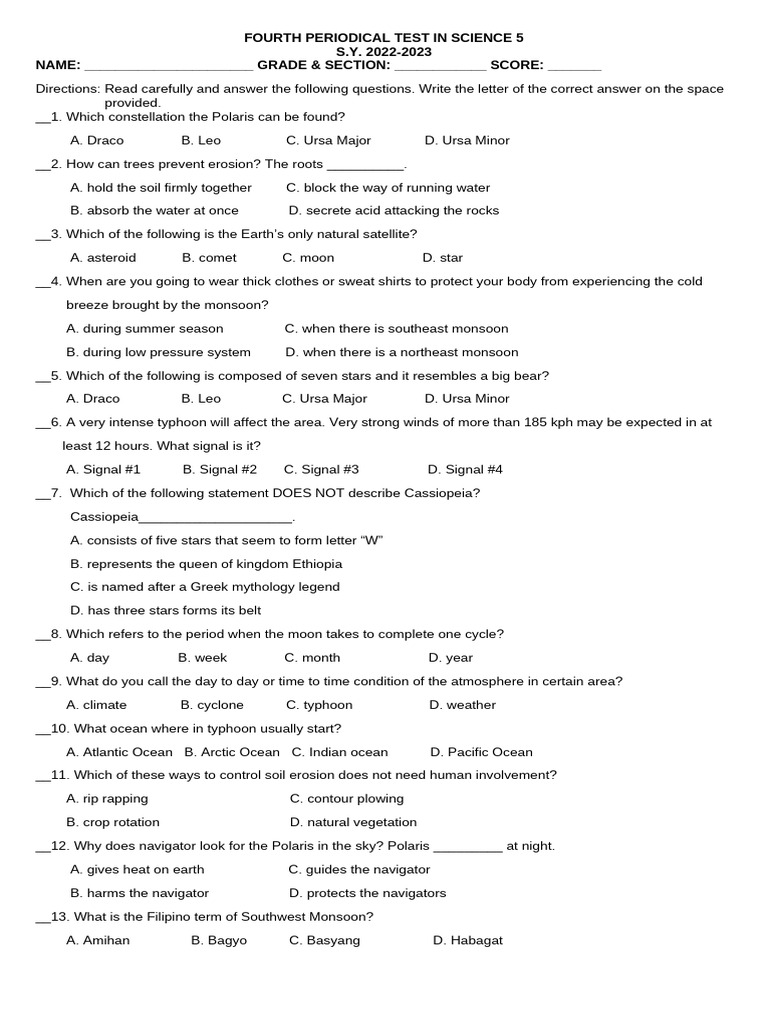 Final Fourth Periodical Test in Science 5 | PDF | Moon | Tropical Cyclones