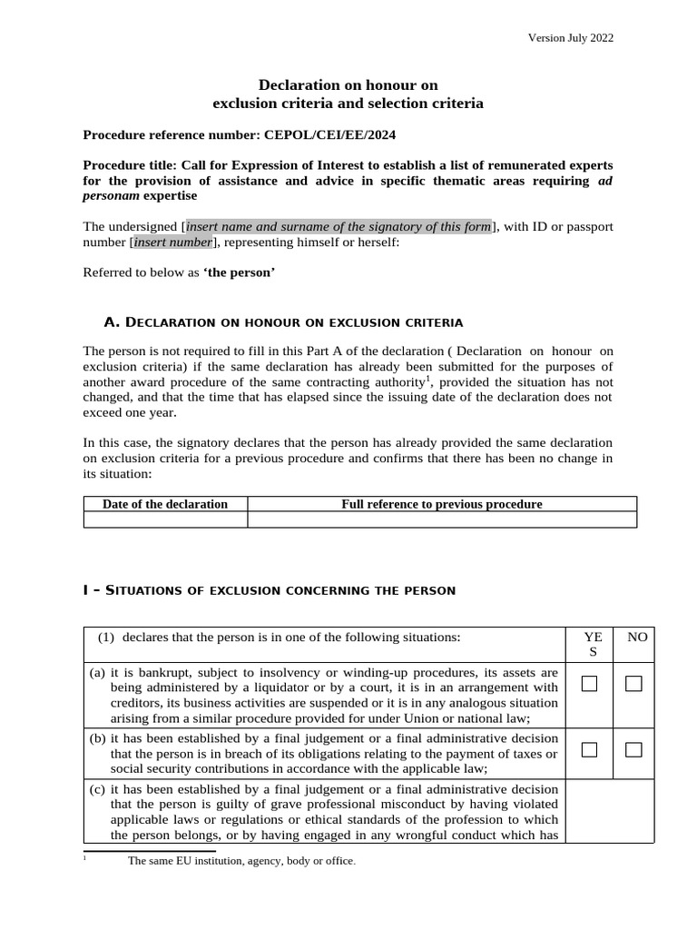 5. Annex 2 - Declaration on Honour | PDF | European Union | Public Law
