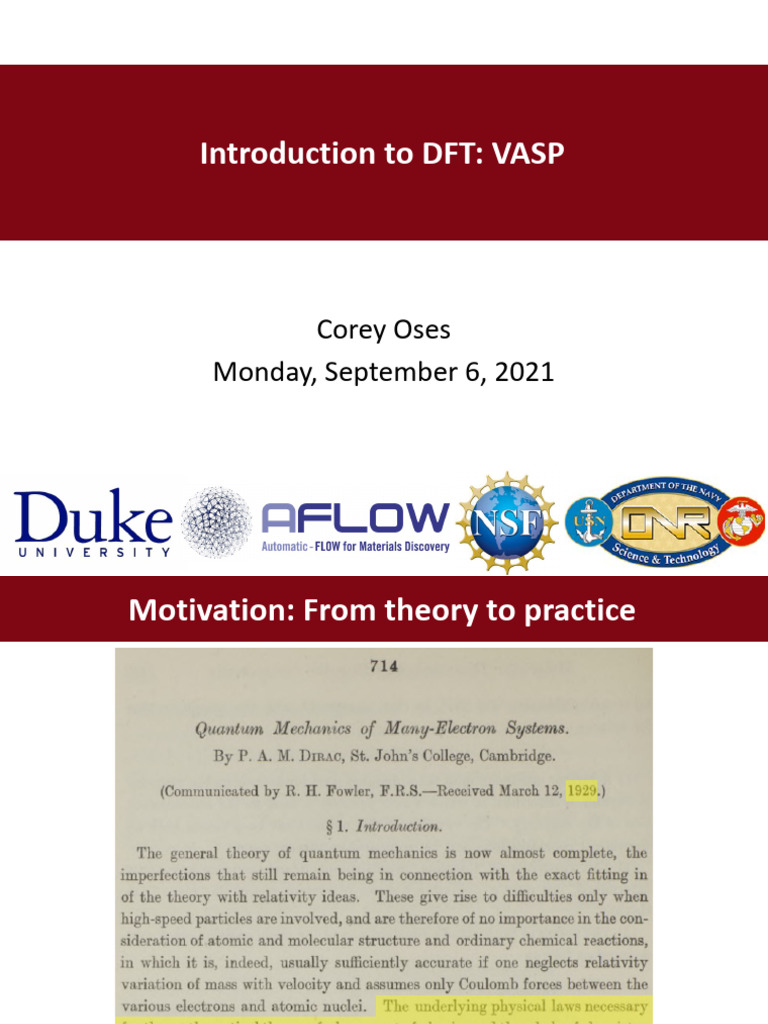 DFT Basics Using VASP Explained | PDF | Density Functional Theory | Physics