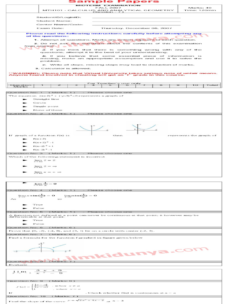 MTH101 Calculus and Analytical Geometry BSC Computer Science VU University Past Papers 2007 Mid ...