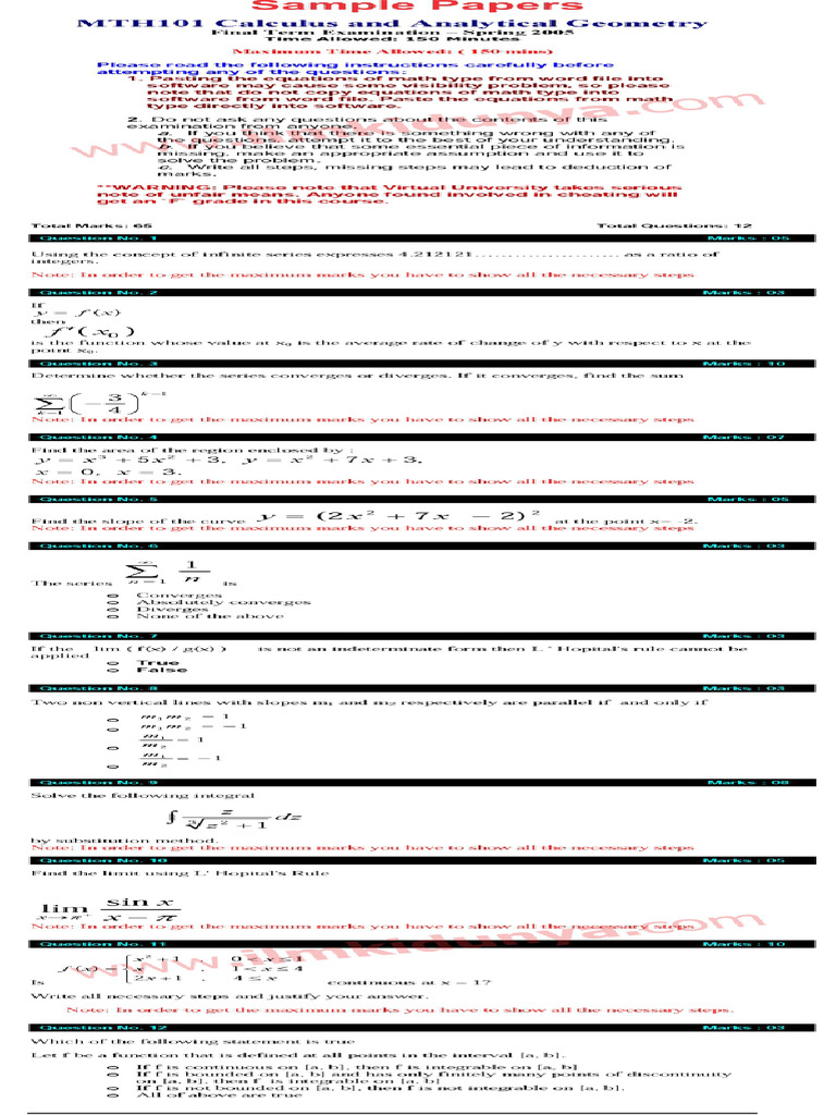 MTH101 Calculus and Analytical Geometry BSC Computer Science VU University Past Papers 2005 ...