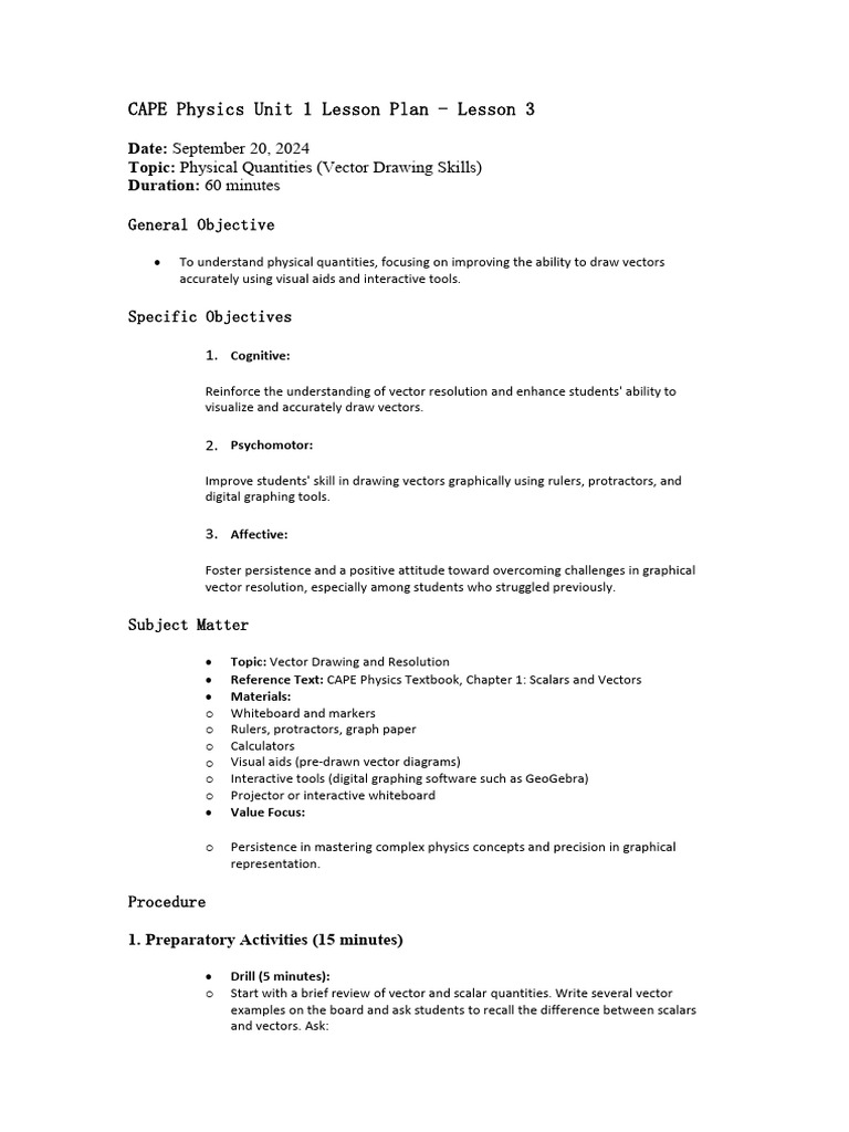 CAPE Physics Unit 1 Lesson Plan - Lesson 3 | PDF | Euclidean Vector | Accuracy And Precision
