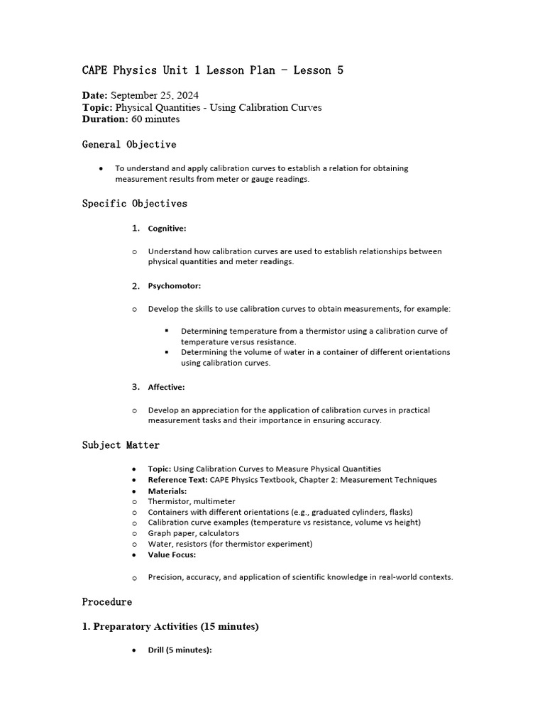 CAPE Physics Unit 1 Lesson Plan - Lesson 5 | PDF | Calibration | Electrical Resistance And ...