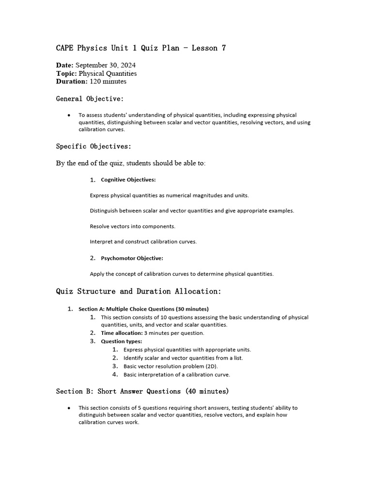 CAPE Physics Unit 1 Lesson Plan - Lesson 7 | PDF | Euclidean Vector | Quantity
