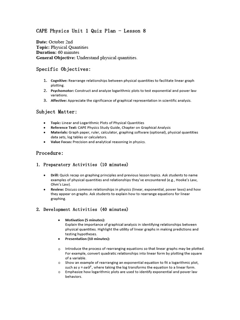 CAPE Physics Unit 1 Quiz Plan - Lesson 8 | PDF | Power Law | Logarithm