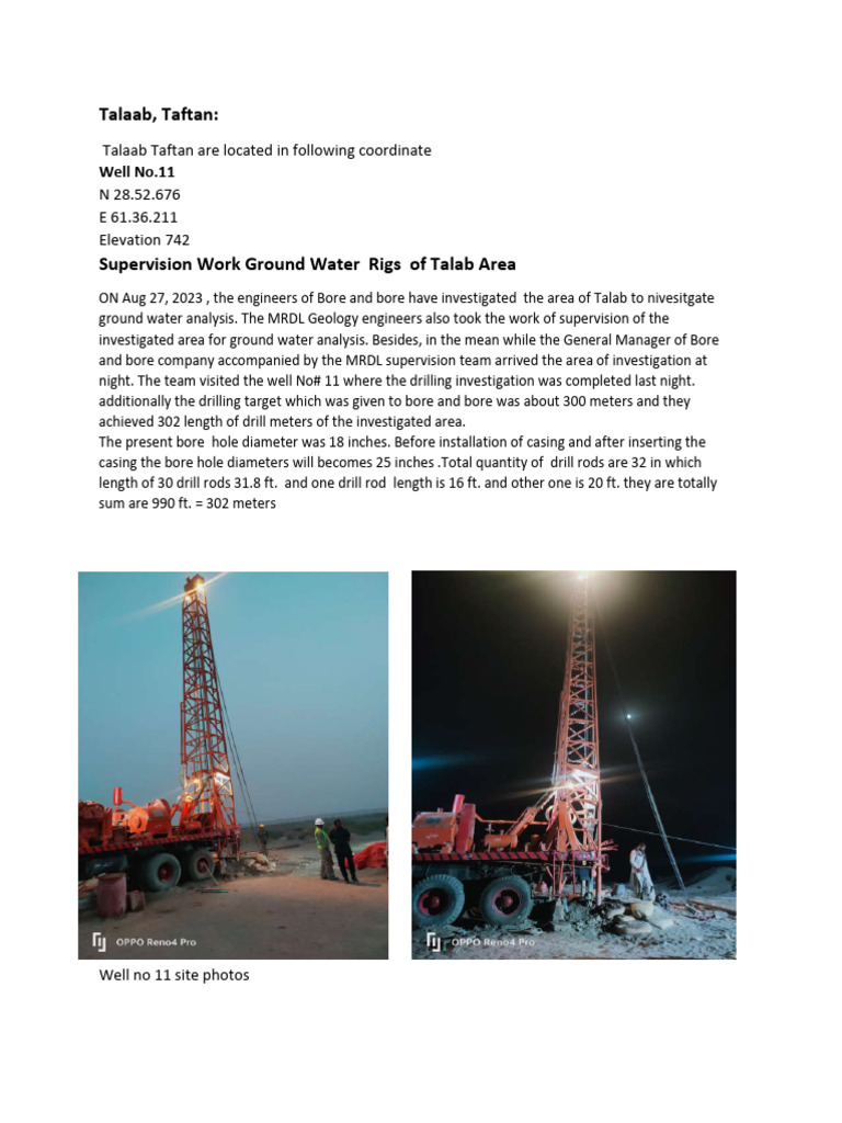 Supervision Work of Ground Water Rigs of Talab Area | PDF | Sand | Borehole