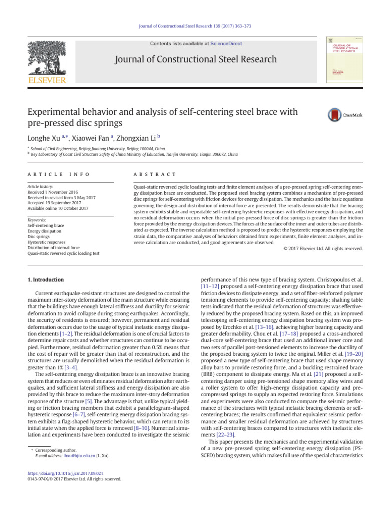 Experimental Behavior and Analysis of Self-Centering Steel Brace With ...