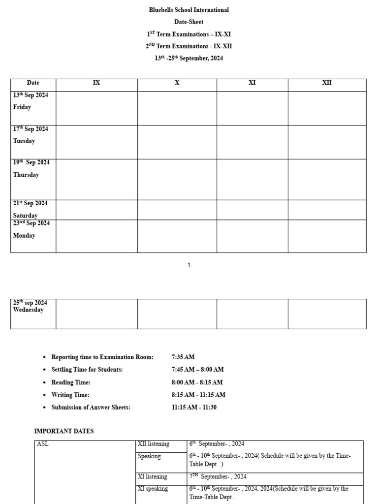 Date Sheet Term Exam Sept 2024 | PDF