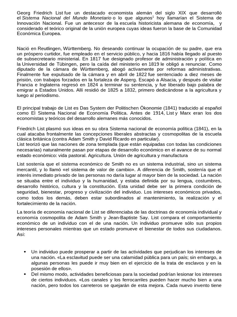 Friedrich List y su Sistema Nacional Económico | PDF | Ciencias ...