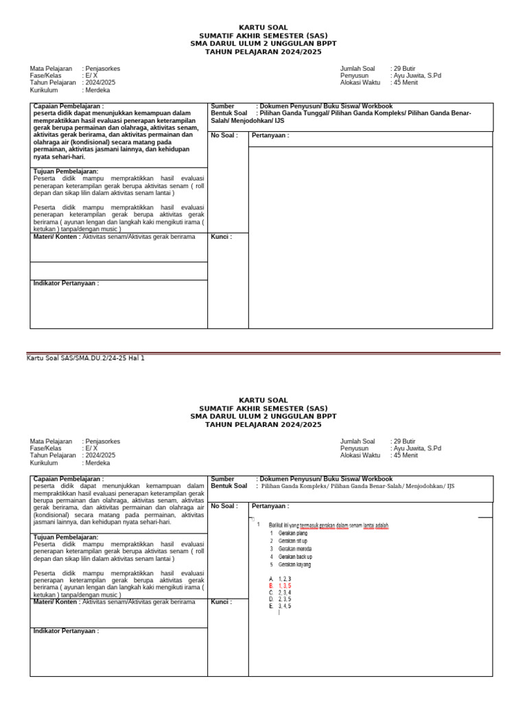 Form Kartu Soal SAS 2024 | PDF