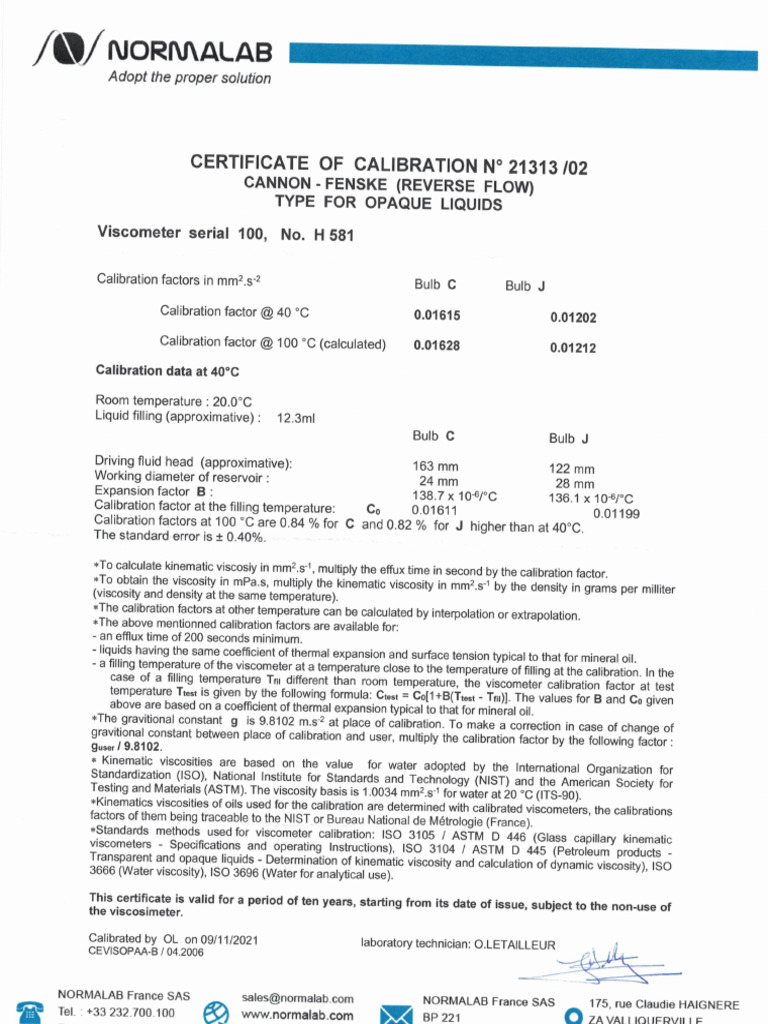 Certificate of Calibration - Cannon-Fenske - 100 - H581 | PDF