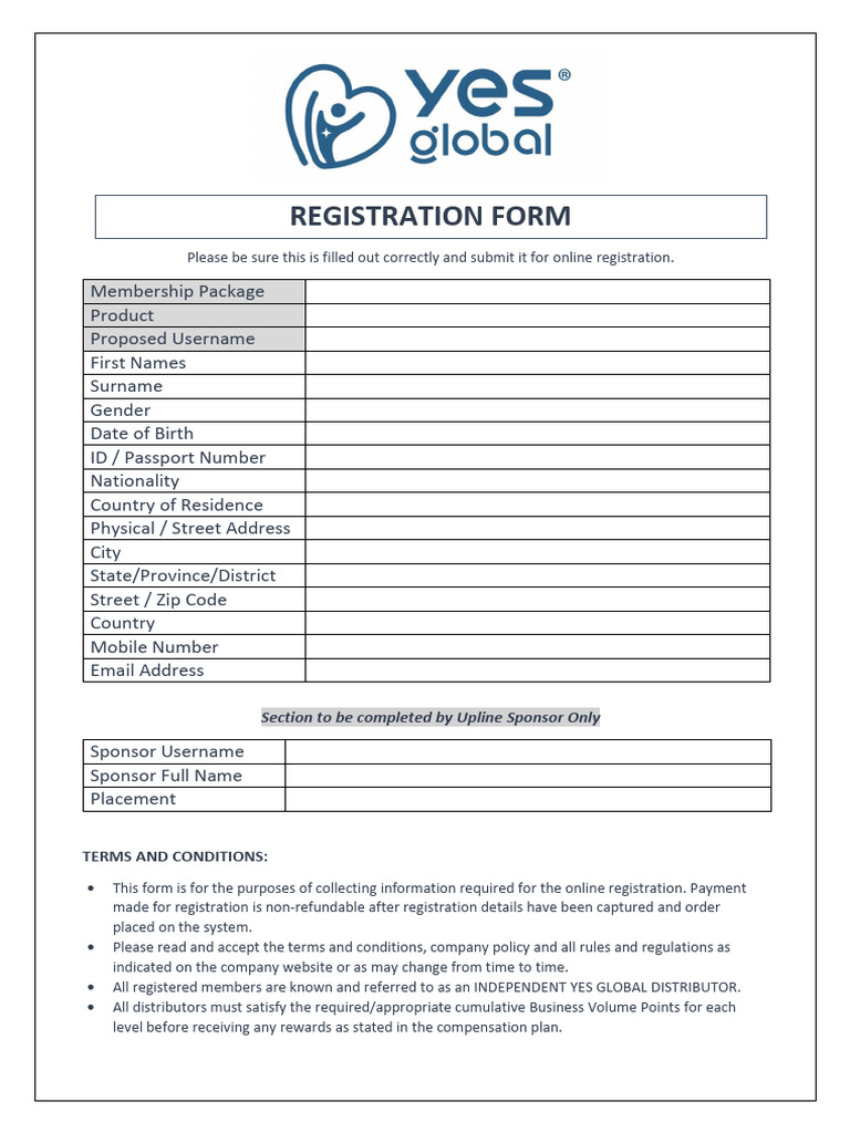 Yes Global Distributor Registration Form | PDF