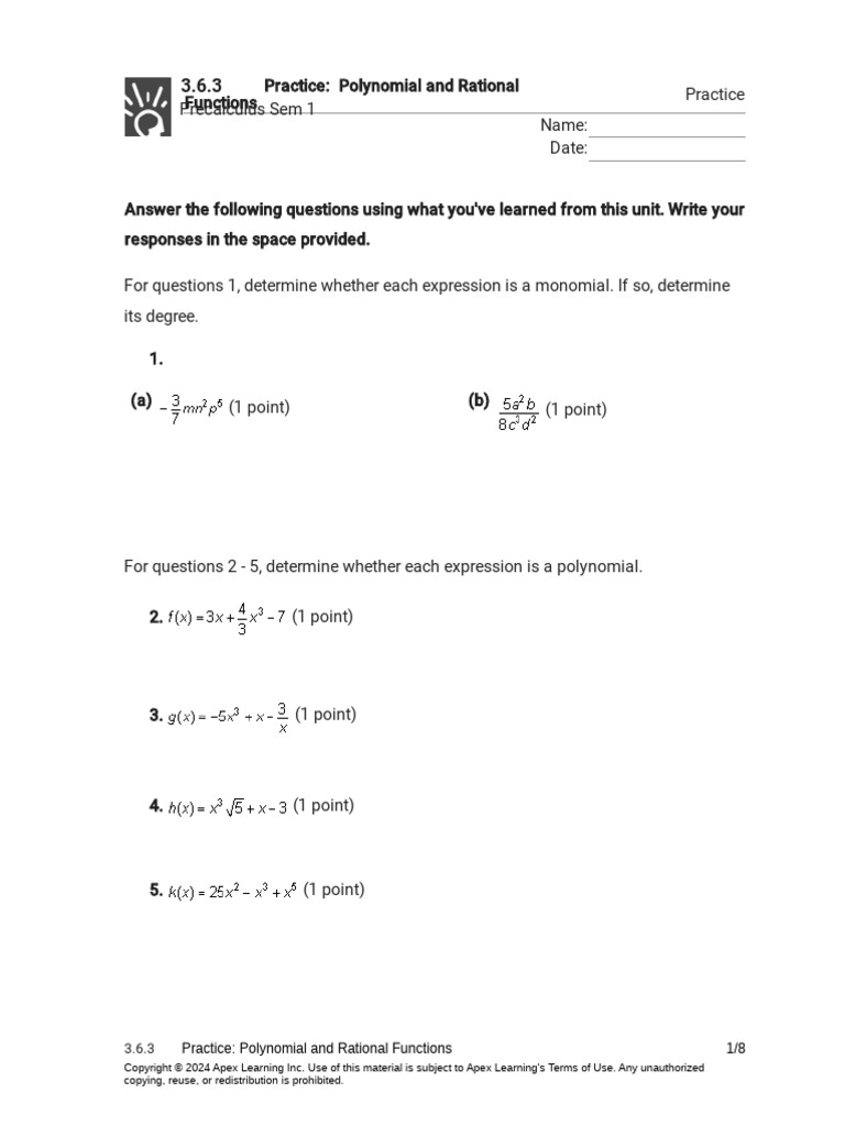 3.6.3 Practice - Polynomial and Rational Functions (Practice) | PDF ...